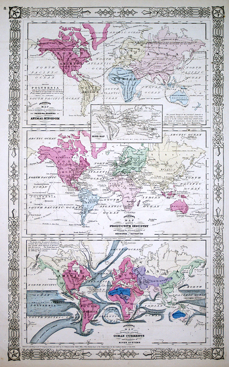 c 1864 World Map - Distribution of Animals, Industry, Currents [M-12874 ...