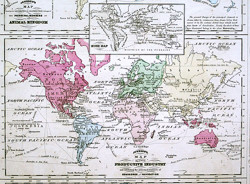 c 1864 World Map - Distribution of Animals, Industry, Currents [M-12874 ...