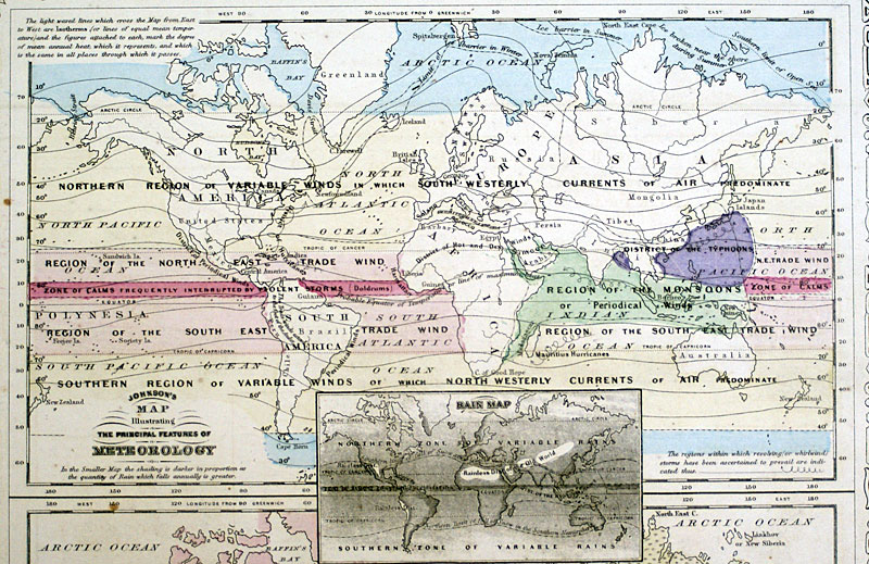 c 1864 World Map - Meteorology, Land & Co-tidal Lines, Plants [M-12875 ...