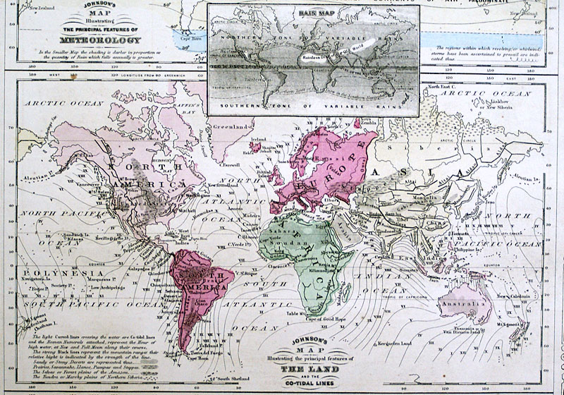 c 1864 World Map - Meteorology, Land & Co-tidal Lines, Plants [M-12875 ...